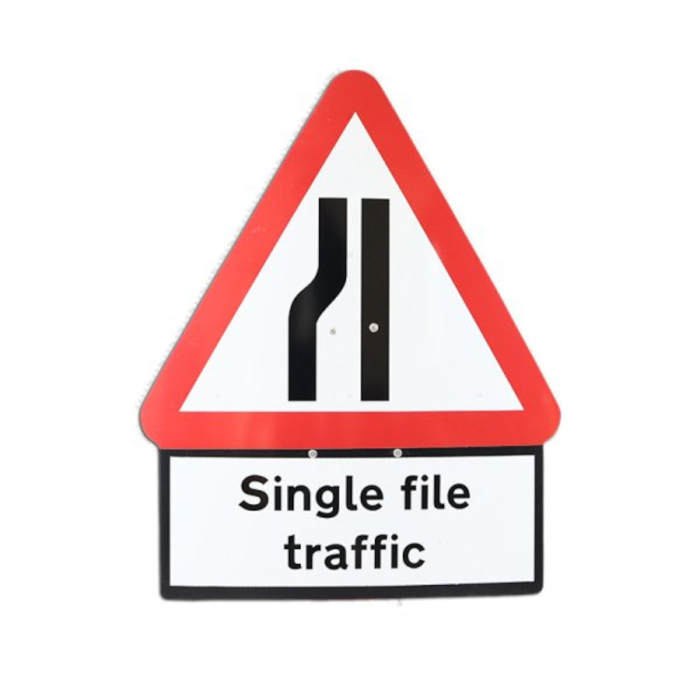 Road Narrows Left c/w Single File Traffic Supplementary Plate – TSE Supply